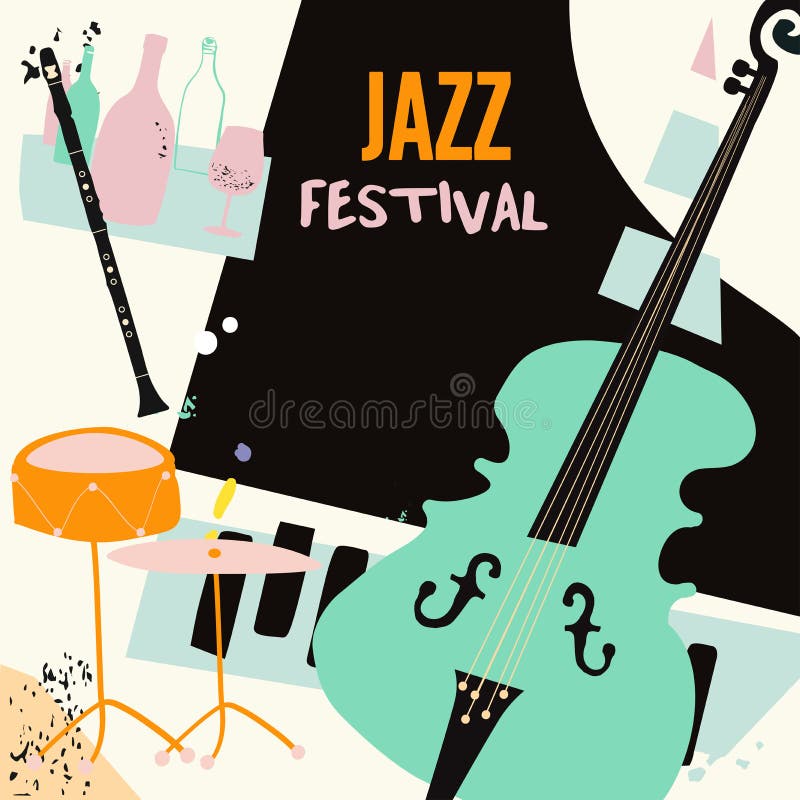 Jazz Music and Wine Colorful Background Flat Vector Illustration. Party ...