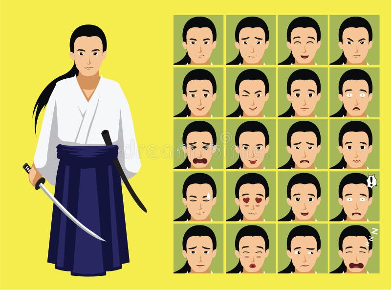 Manga Style Samurai Man Cartoon Character Emotions Stock Vector ...