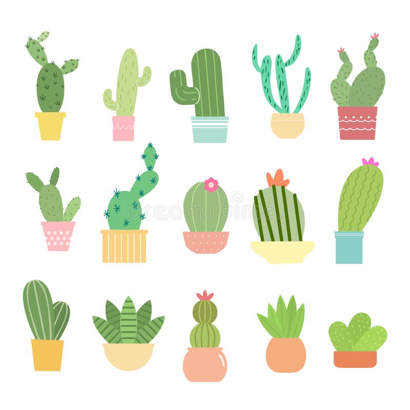 Set of Bright Cacti, Aloe and Leaves. Collection of Exotic Plants ...