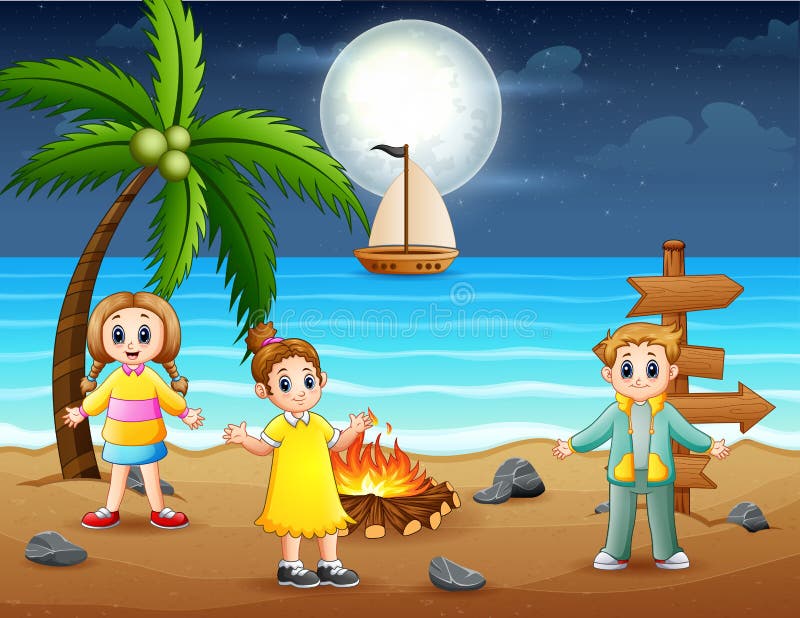 Many Kids with Bonfire on the Beach Stock Vector - Illustration of calm ...