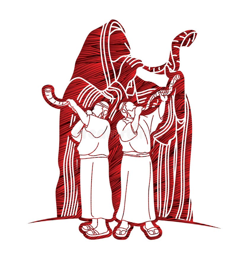 Group of Jewish Blowing the Shofar Horn Cartoon Graphic Vector. Stock ...