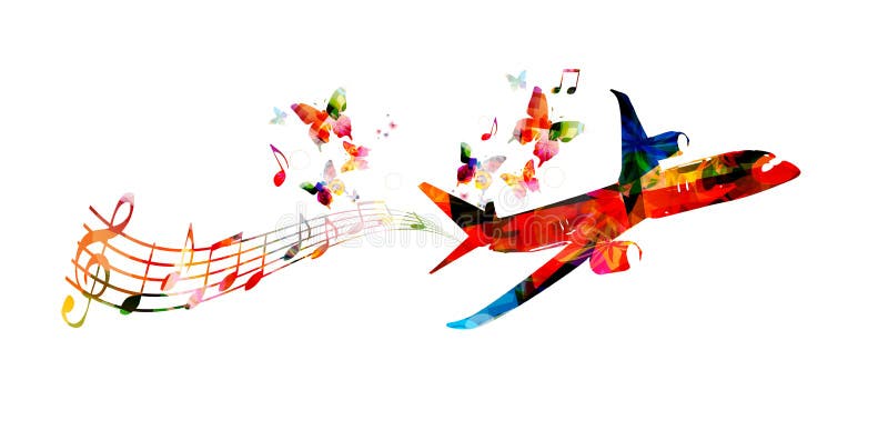 Colorful Airplane with Music Notes and Butterflies Vector Illustration ...