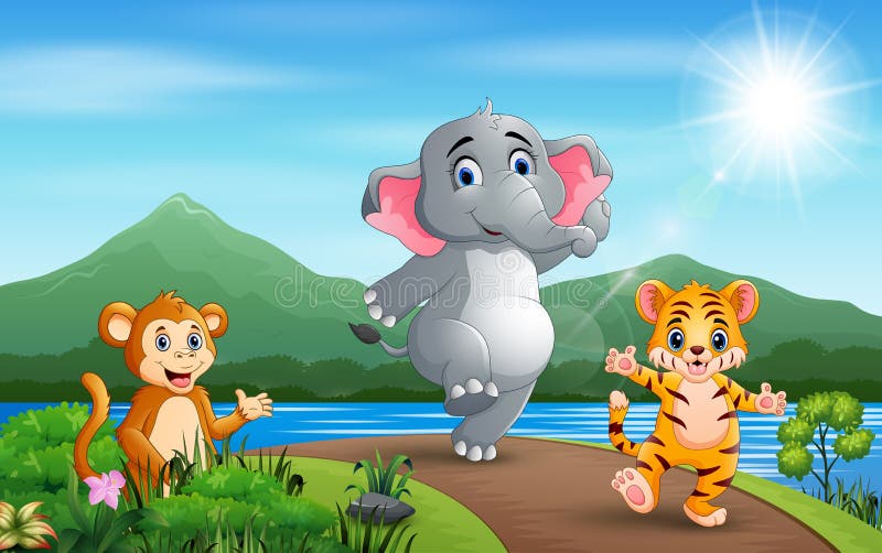 Happy Animal Walking at Park Road Stock Vector - Illustration of ...