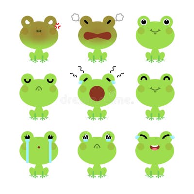 Set of Cute Cartoon Green Frog Emoji Set Isolated on White Background ...