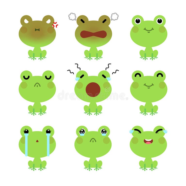 Set of Cute Cartoon Green Frog Emoji Set Isolated on White Background ...
