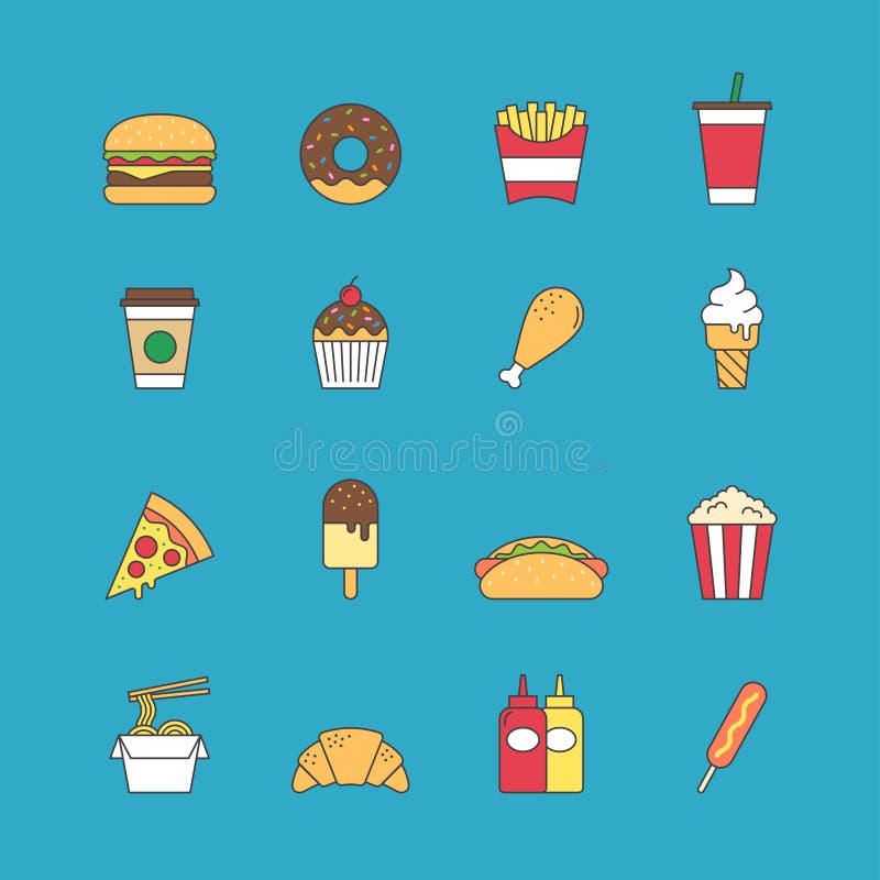 Fast Food Icon Symbol Set, Colorful Flat Design, Vector Illustration ...