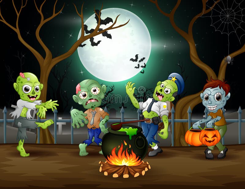 Zombies Cartoon is Cooking a Potion on the Halloween Night Stock Vector ...
