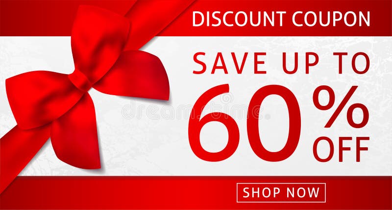 Discount Coupon with Big Red Bow Ribbon in the Corner and Sale Text: Up ...