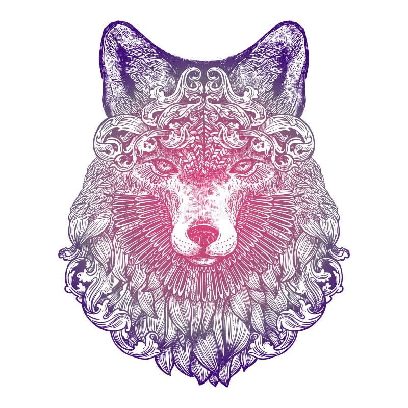 Ornamental Lilac Tattoo Fox Head. Highly Detailed Abstract Hand Drawn ...