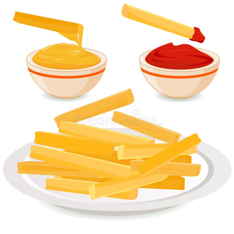 French Fries and Bowls with Dipping Sauces. Vector Illustration. Stock ...