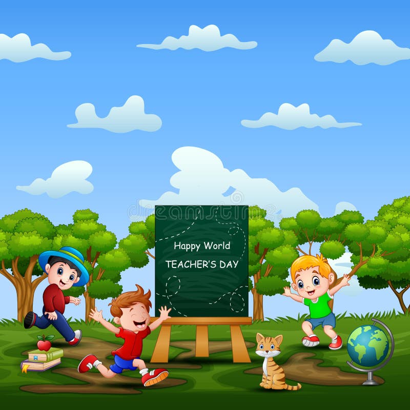 Happy World Teacher Day on Sign with Happy Kids Playing Stock ...
