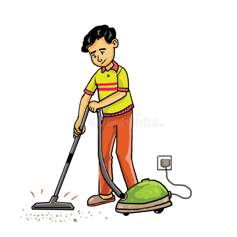 Young Man Cleaning Floor with Vacuum Stock Vector - Illustration of ...
