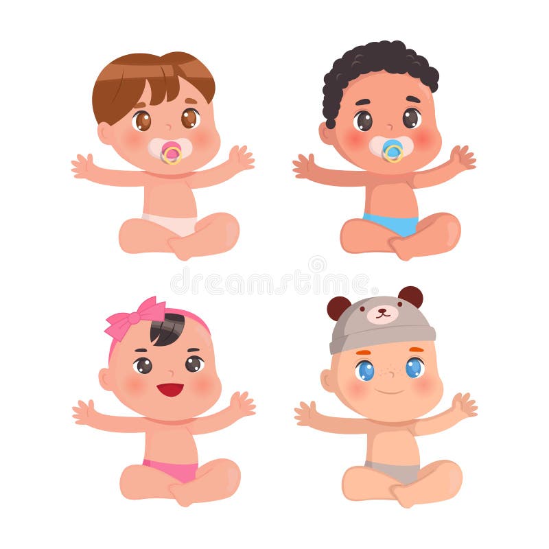 Set of Adorable Baby Logo of Different Races. Happy Boy and Girl Infant ...