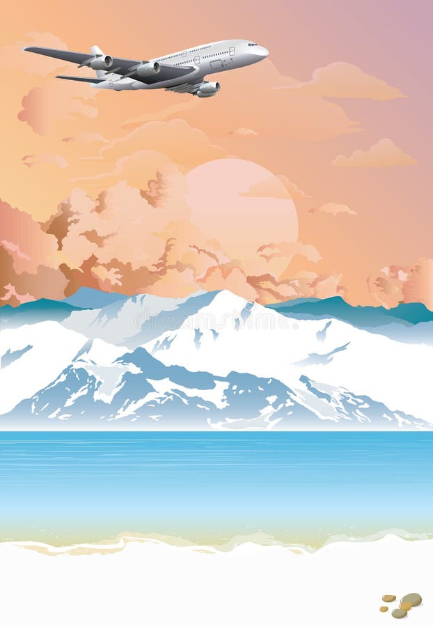 Passenger Plane Flying Over Mountains at Dawn Stock Vector ...