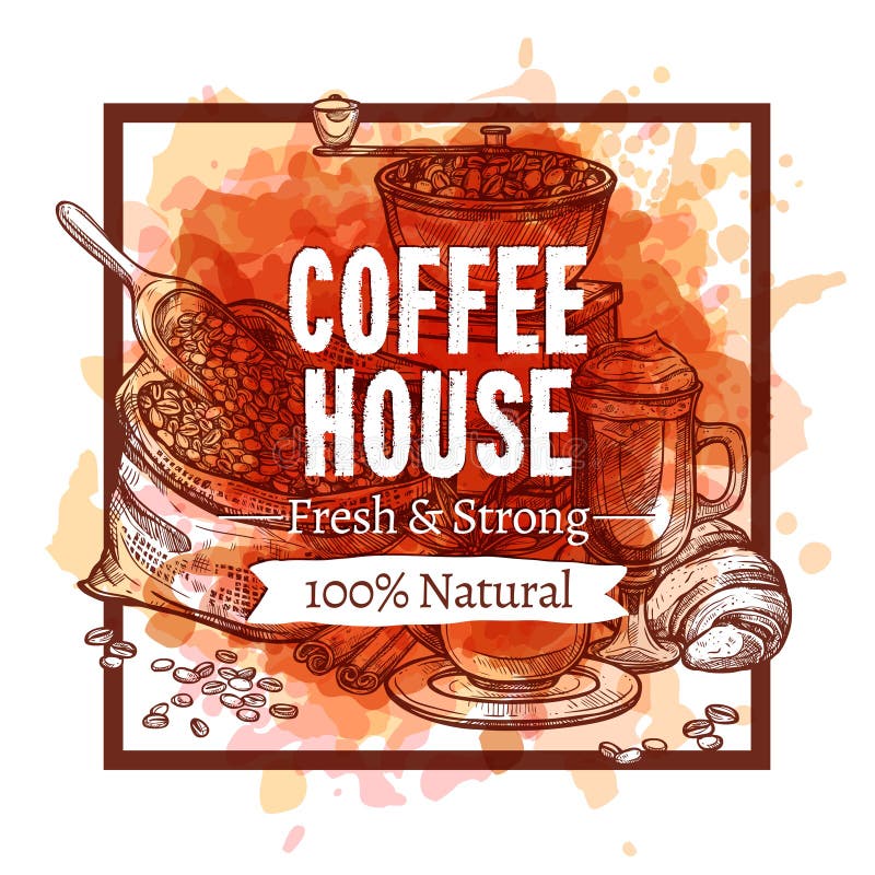 Coffee House Hand Drawn Creative Concept with Watercolor Effect in ...