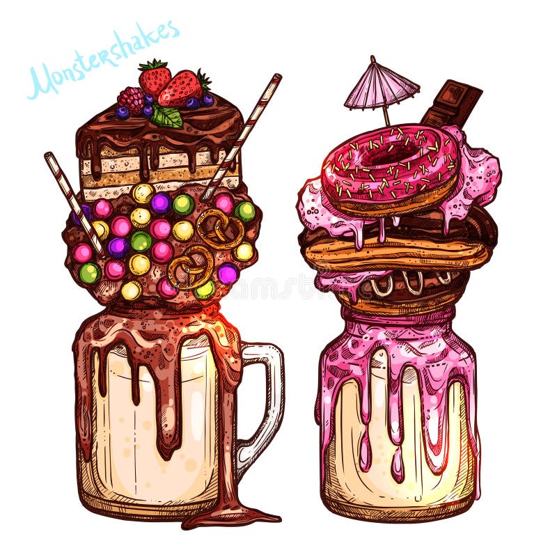 Color Monstershakes in Sketch Style. Freak and Crazy Milkshakes Stock ...
