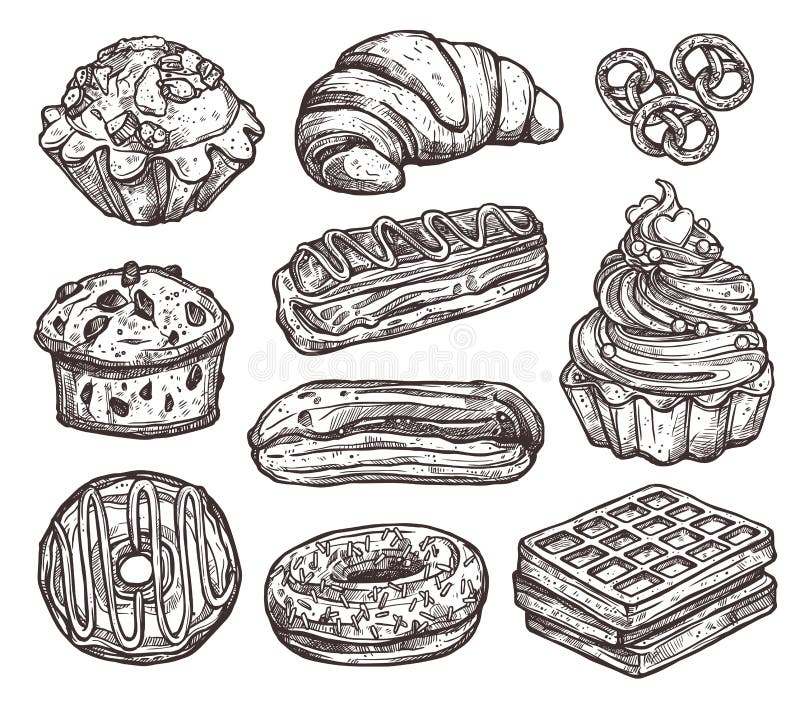 Sketch Collection of Bakery Products, Dessert and Sweets Stock Vector ...