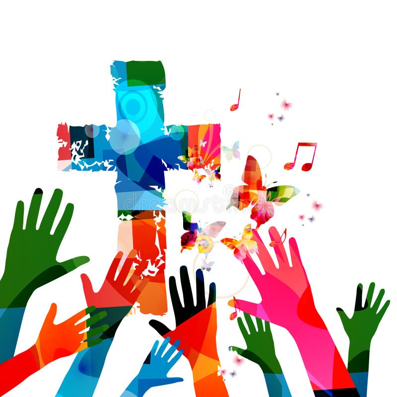 Colorful Christian Cross with Music Notes and Hands Isolated Vector ...