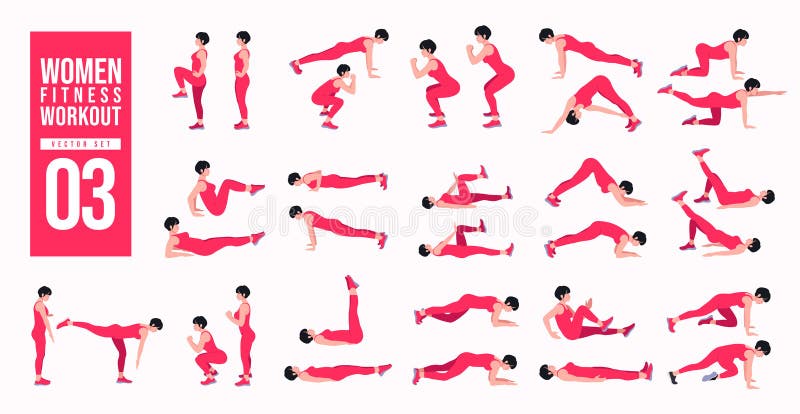 Women Workout Set. Women Exercise Vector Set. Women Doing Fitness and ...