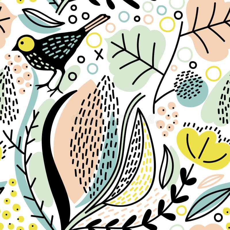 Flora and Fauna Pattern with Leaves and Circles Stock Illustration ...