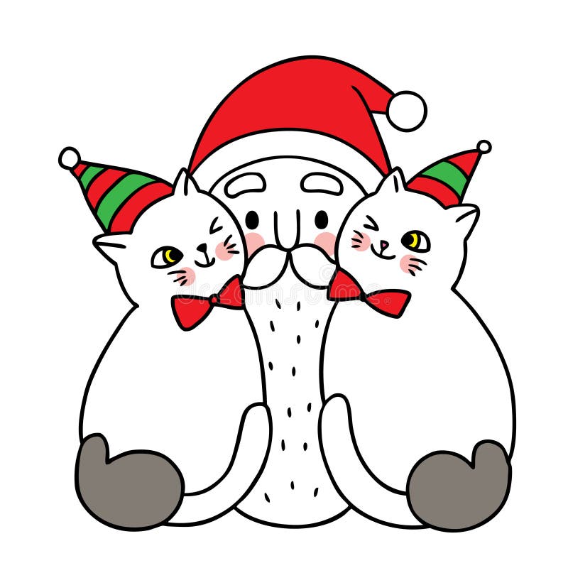 Hand Draw Cartoon Cute Merry Christmas, Santa Claus and Two Cats Vector ...