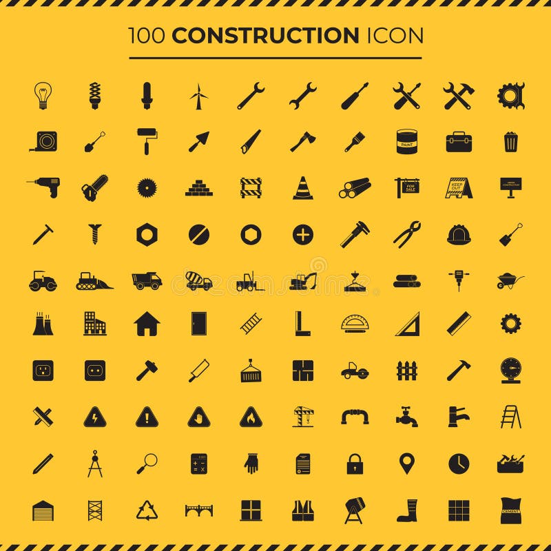 Construction 100 Isolated, Worker, Tool, Icon Set - Vector. Stock ...