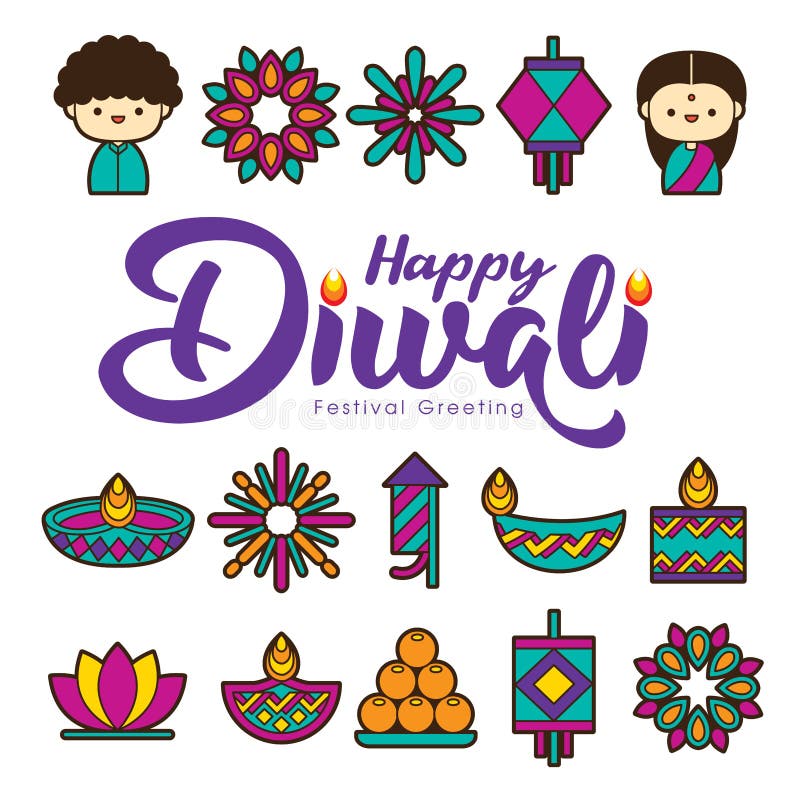 Set of Diwali or Deepavali Symbol or Icon. Flat Modern Elements for ...