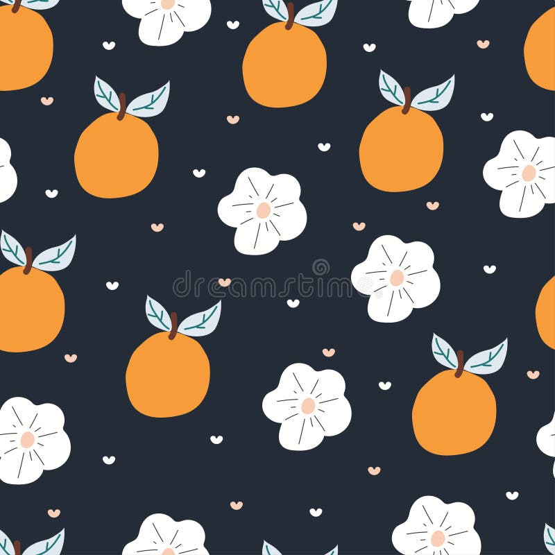 Seamless Pattern with Cartoon Orange and Flowers. for Fabric Print ...