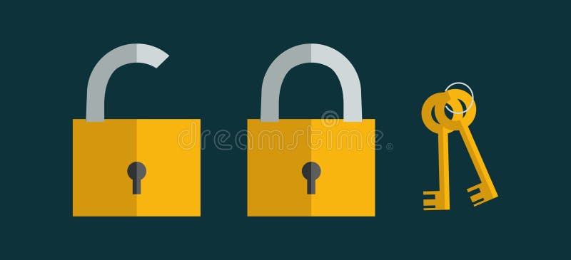 Lock Pad and Key Set, Locked and Unlocked Flat Vector Illustrations ...