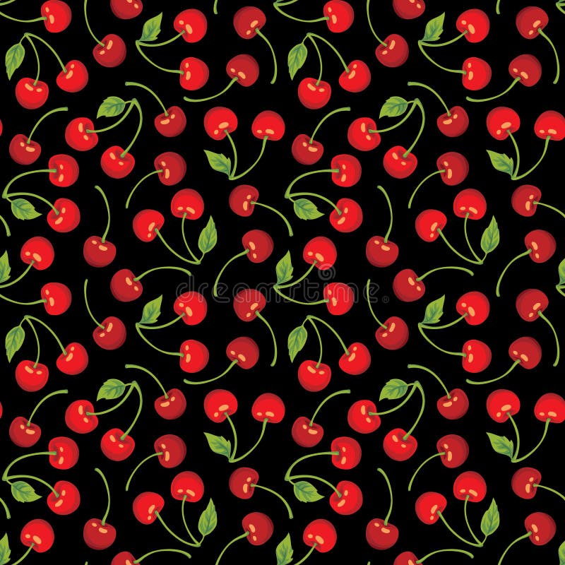 Red Cherry Seamless Pattern with Black Color Background Stock Vector - Illustration of dress ...