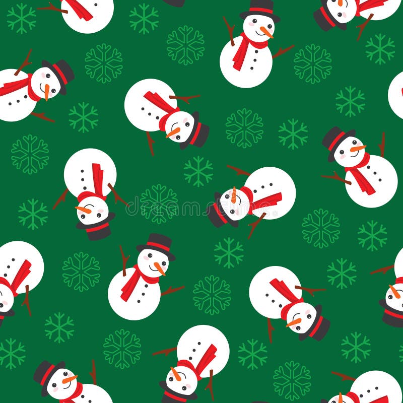 Seamless Snowman with Snowflakes Pattern with Green Background Stock ...