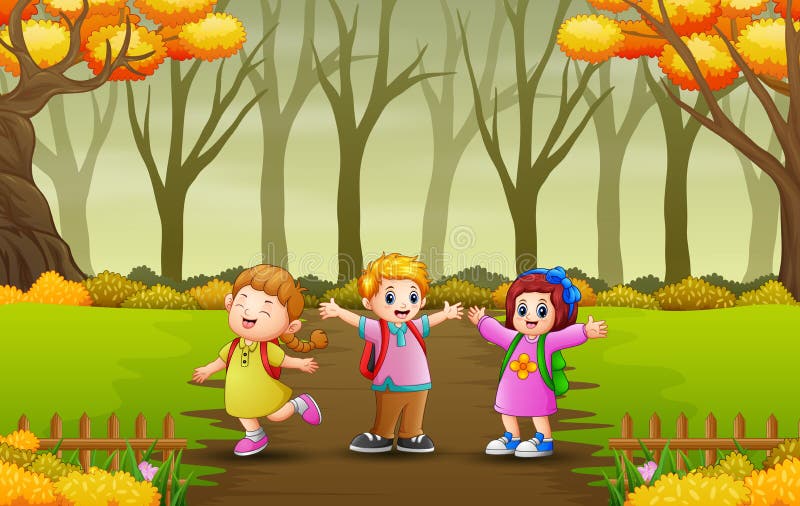 Happy Kids Walking in the Forest Path Stock Vector - Illustration of ...