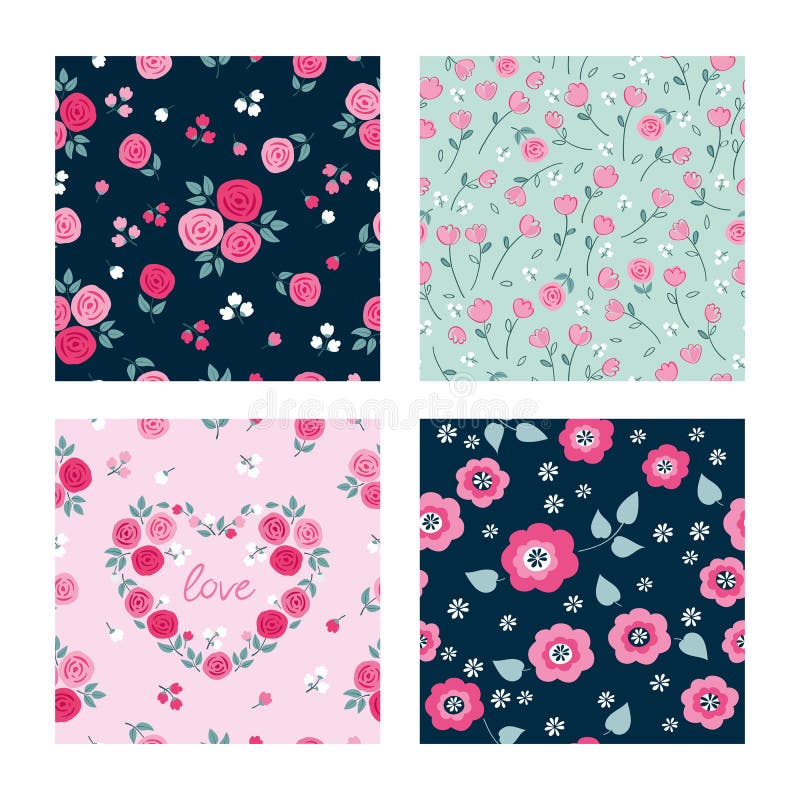 Set of Seamless Pretty Patterns with Decorative Flowers Stock Vector ...