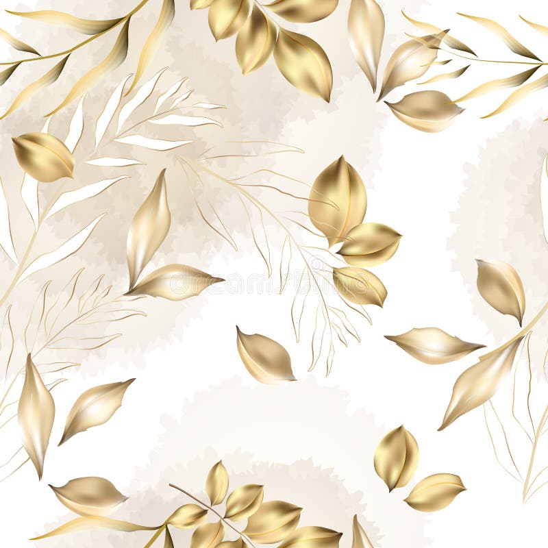 Vector Seamless Pattern with Gold Leaves and Watercolor Rose Flowers ...