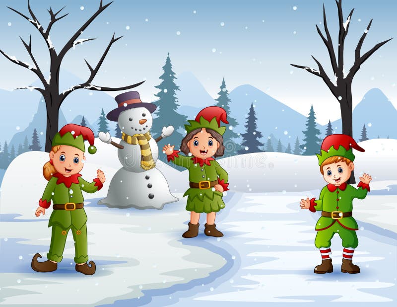 Three Elves Waving in the Snowy Forest Stock Illustration ...