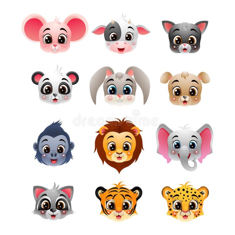 Cartoon Happy Wild Animals Head Collection Stock Vector - Illustration ...