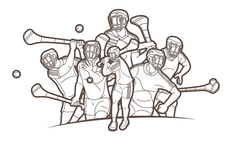 Group of Hurling Sport Players Action. Irish Hurley Sport Cartoon ...