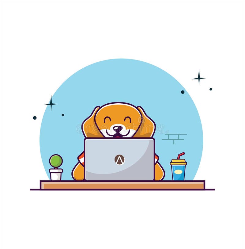 Cute Dog Working on Laptop Cartoon Vector Illustration Stock ...