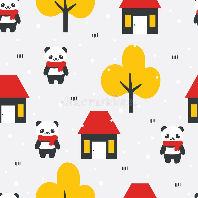 Seamless Pattern with Cute Cartoon Panda, House, Tree for Fabric Print ...