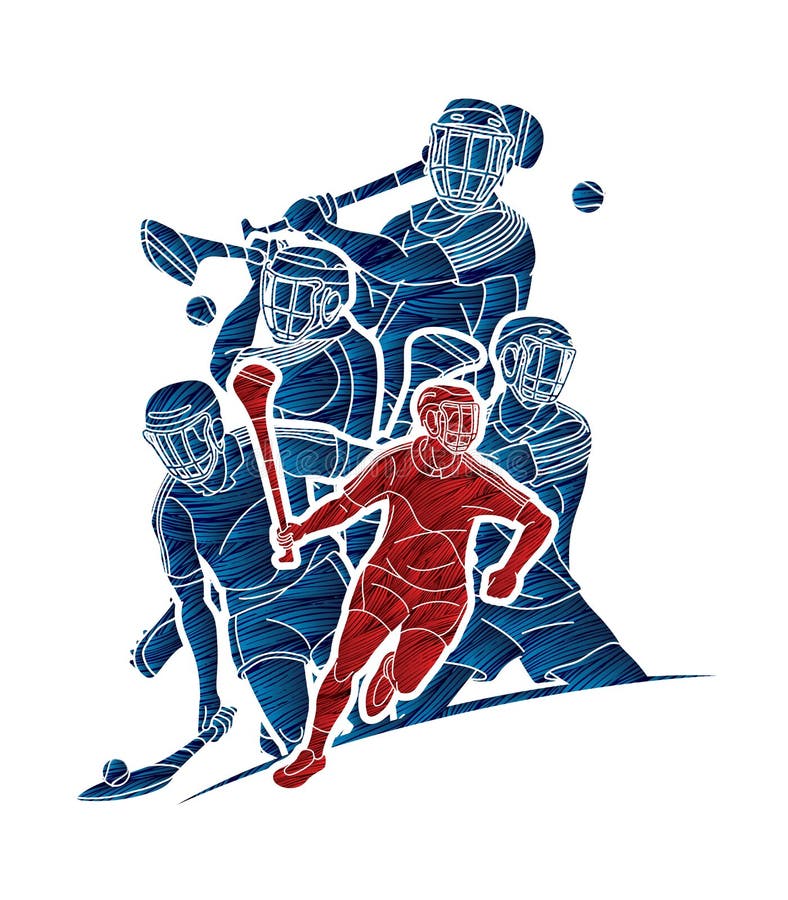Group Of Hurling Sport Players Action. Irish Hurley Sport Cartoon ...