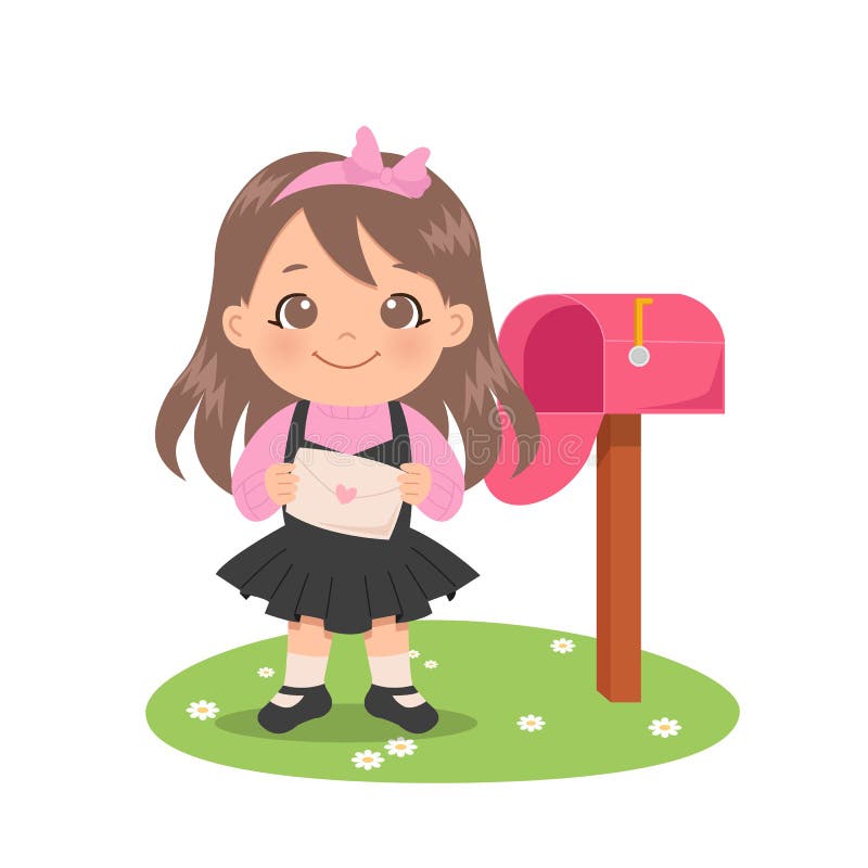 Cute Girl Holding an Envelope Love Letter Concept. Pink Traditional ...