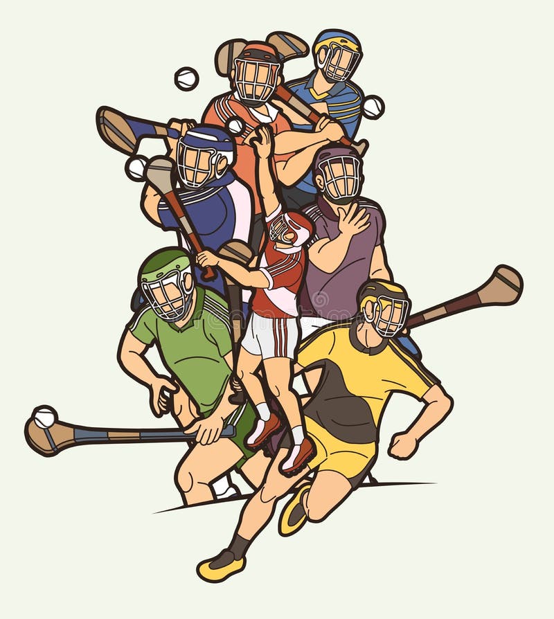 Group of Hurling Sport Players Action. Irish Hurley Sport Cartoon ...