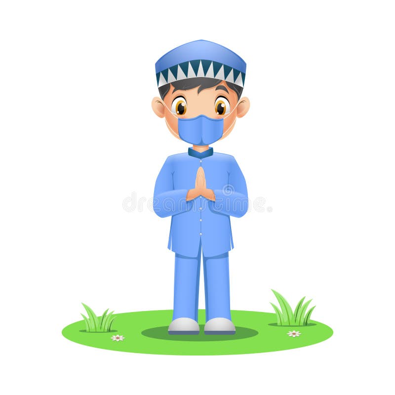 Cute Muslim Boy in Face Mask Pointing His Finger Up Stock Vector ...