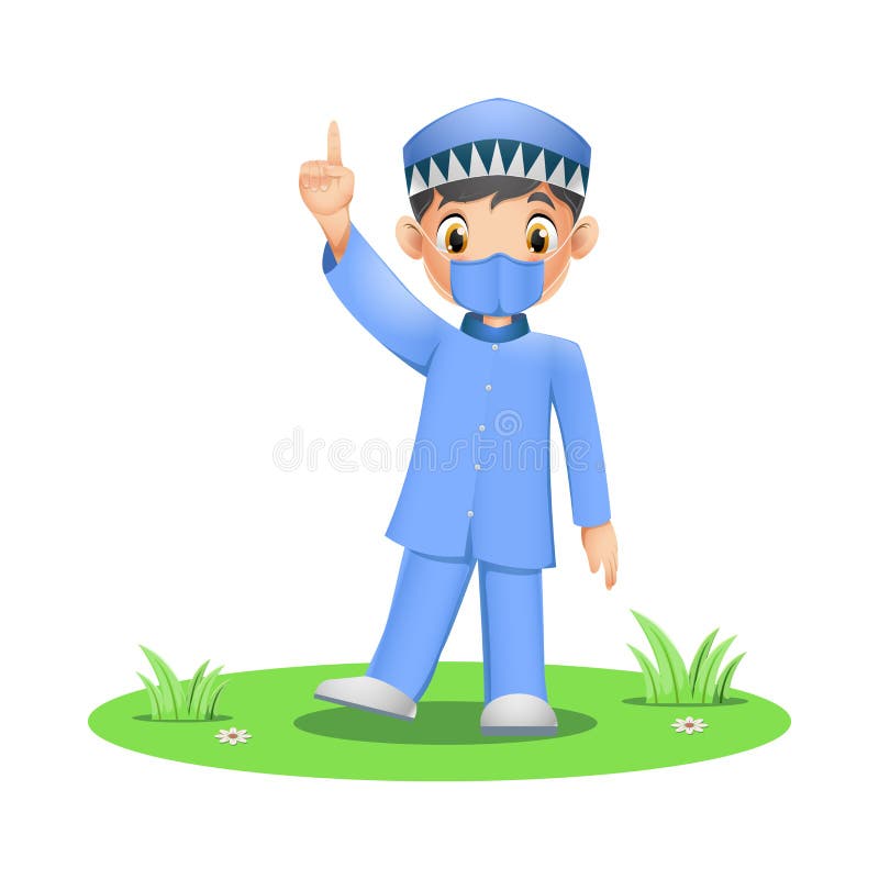 Cute Muslim Boy Wearing Face Mask on Grass Stock Vector - Illustration ...