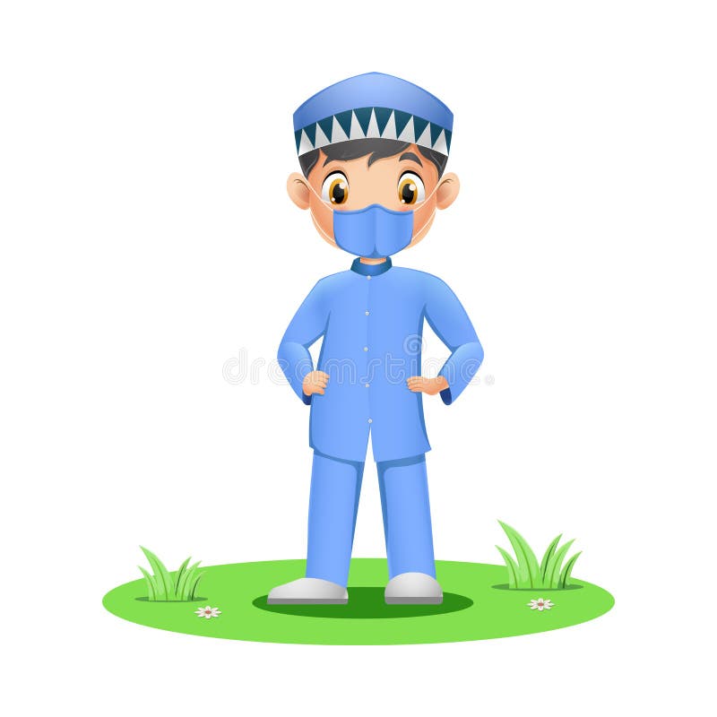 Cute Muslim Boy Wearing Face Mask Stock Vector - Illustration of ...