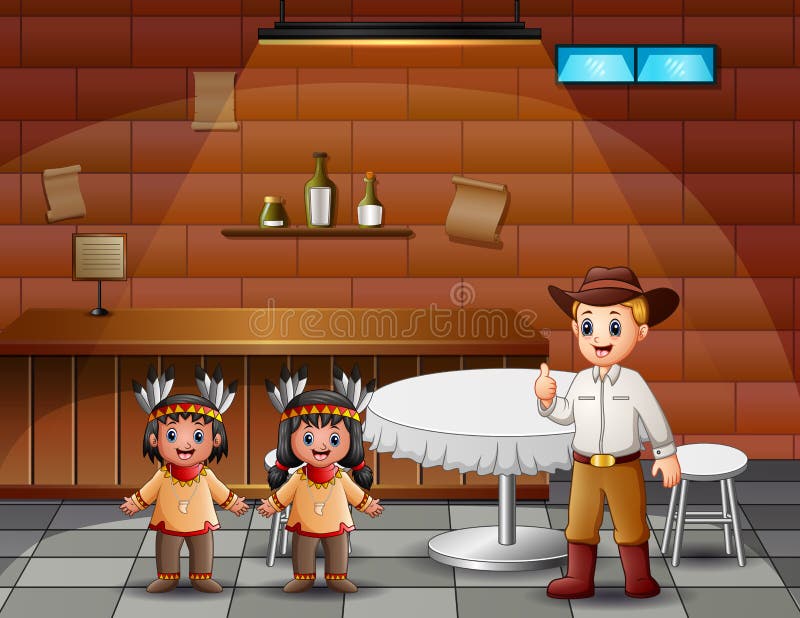 A Male Cowboy with Indian Kids at the Cafe Stock Illustration ...