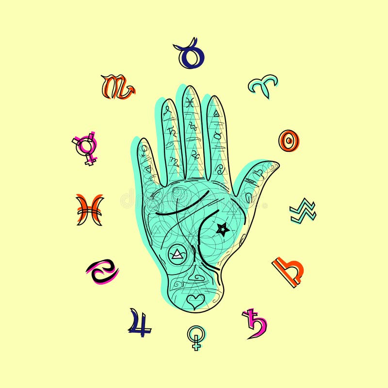 Horoscope Graphic Tee with Hand of Oracle and Zodiac Symbols Stock ...
