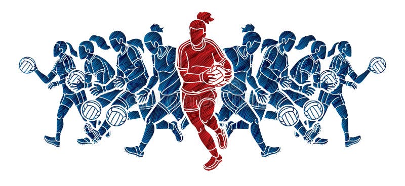Group of Gaelic Football Women Players Action Cartoon Graphic Vector ...
