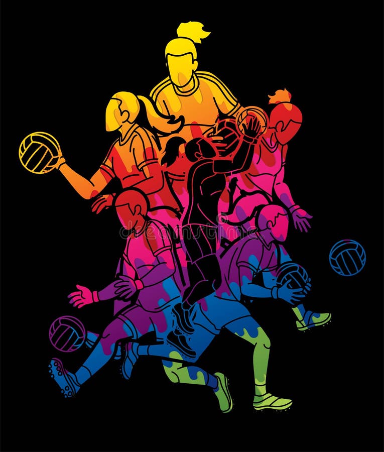 Group of Gaelic Football Women Players Action Cartoon Graphic Vector ...