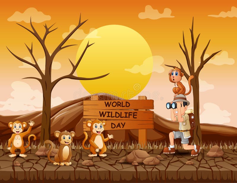 World Wildlife Day Sign with the Explorer Boy and Monkeys Stock Vector ...